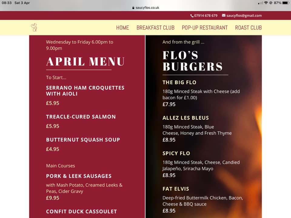 Menu at Saucy Flo’s restaurant, England