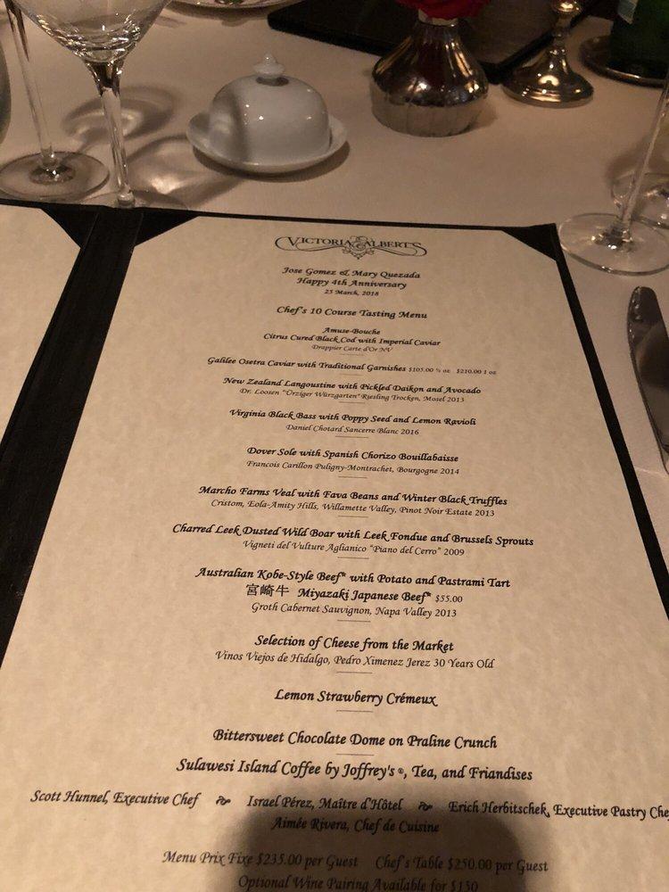 Menu at Victoria & Albert's restaurant, Orlando