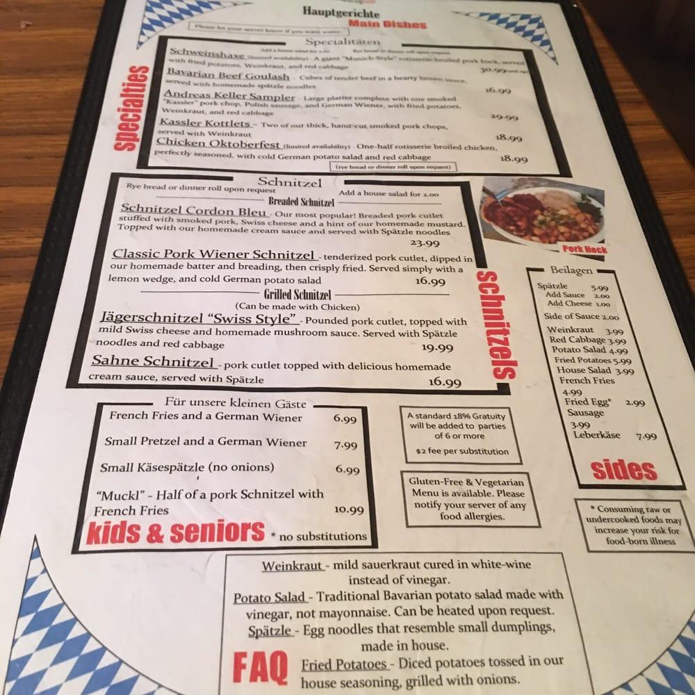 Menu at Andreas Keller Restaurant, Leavenworth
