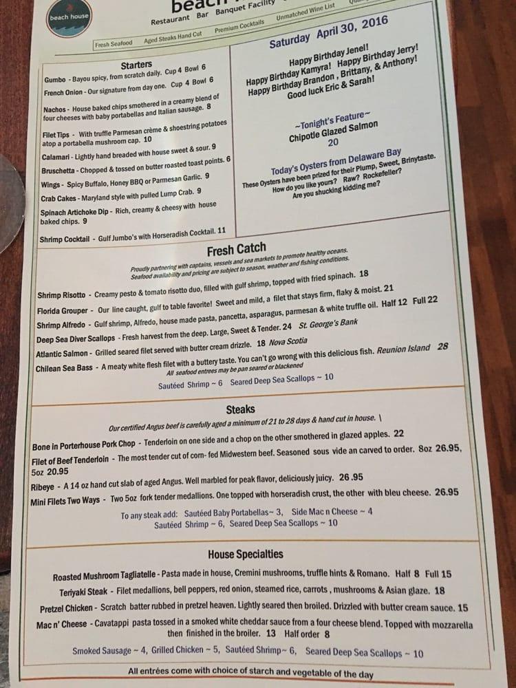 Menu at Beach House steakhouse, Decatur, 1001 S Lake Front Rd