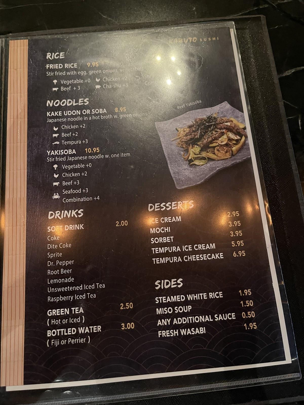 Menu at Kabuto Sushi restaurant, St. George