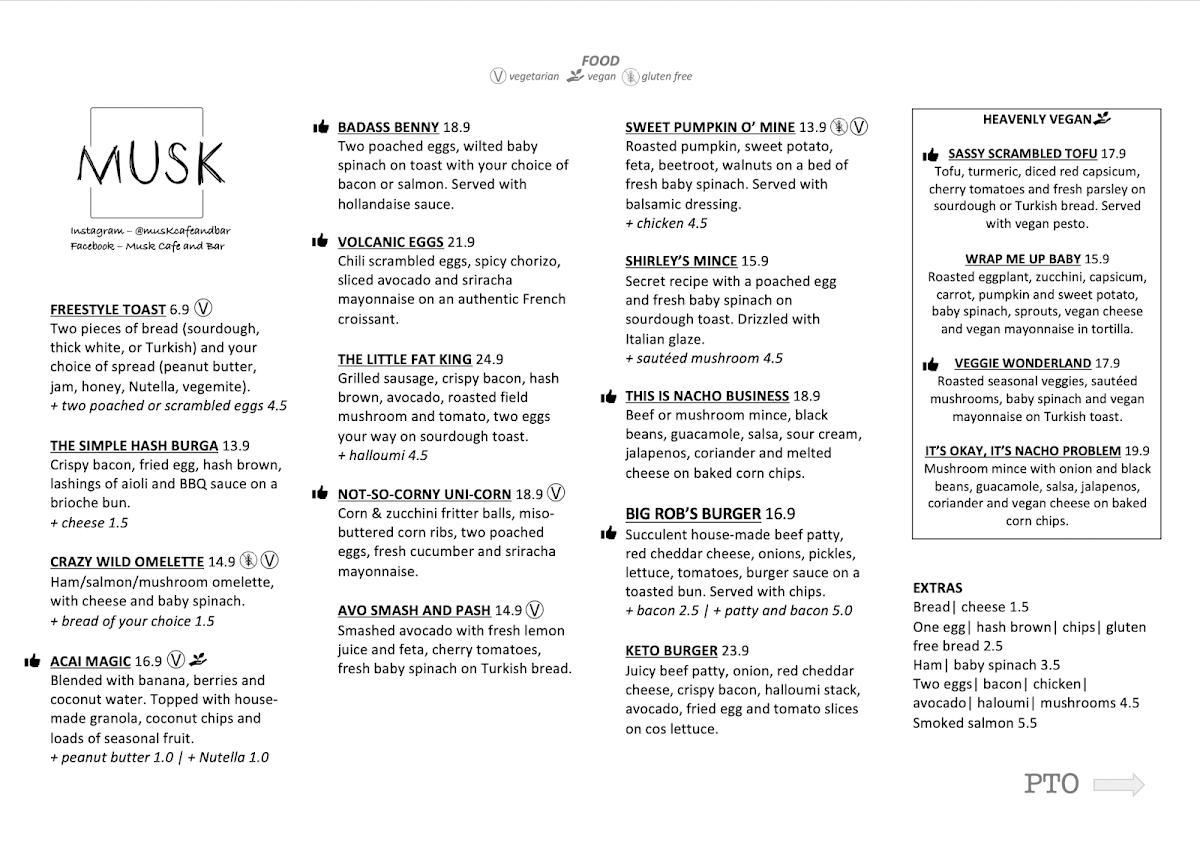 Menu at Musk Cafe and Bar, Milton