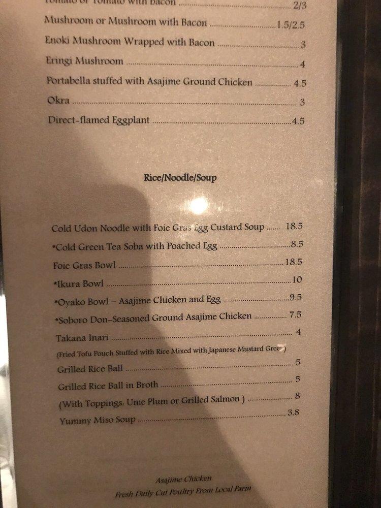 Menu at Raku restaurant, Las Vegas