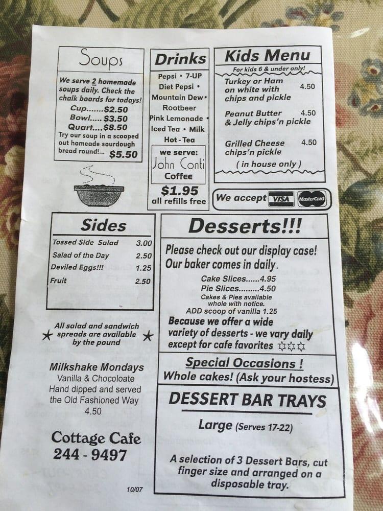 Menu at Cottage Cafe, Louisville