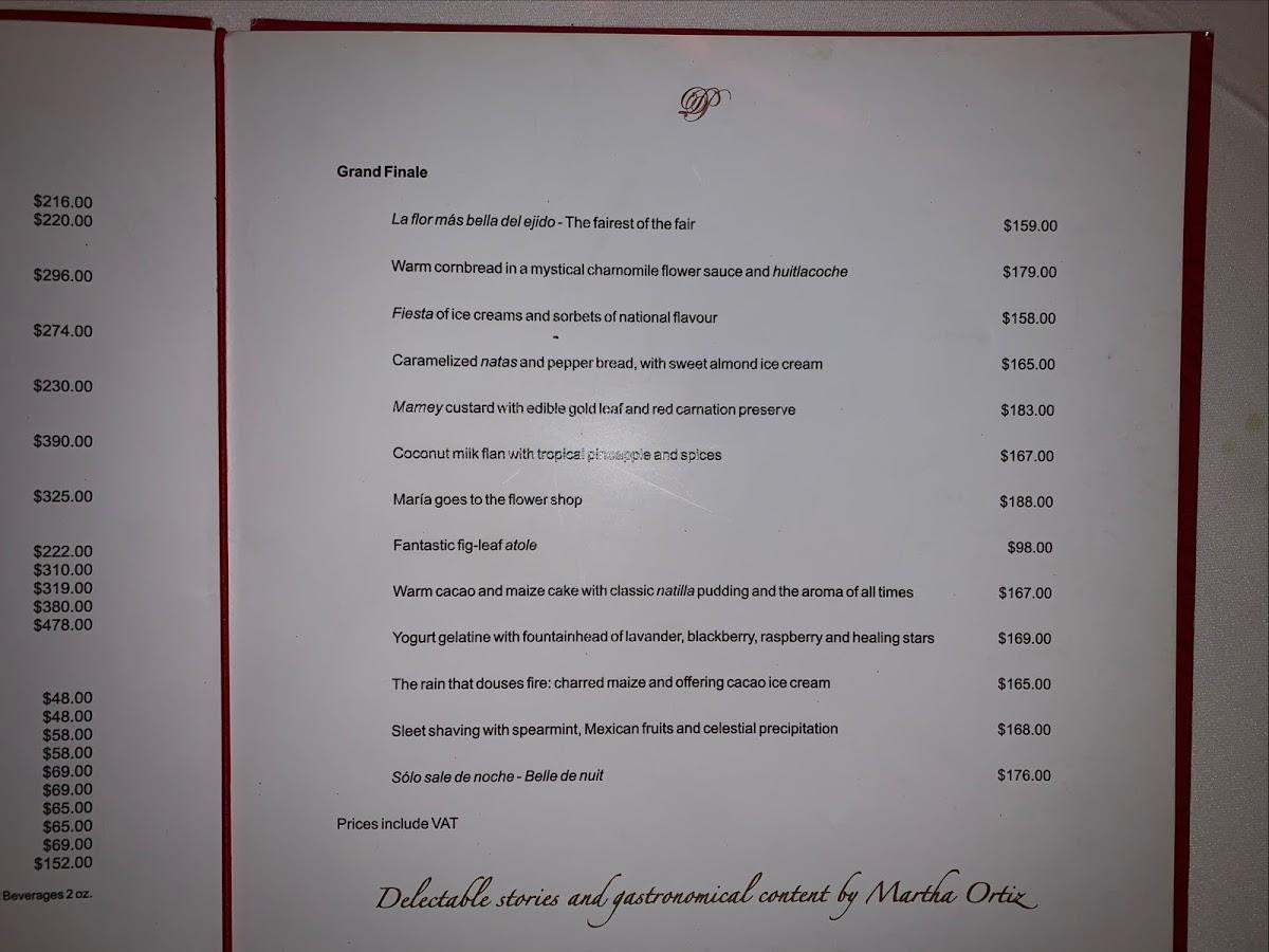 Menu at Dulce Patria restaurant, Mexico City