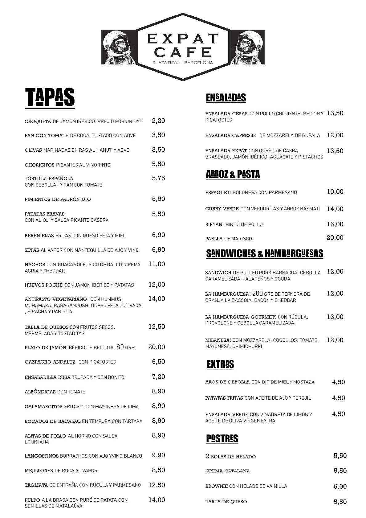 Carta del pub y bar EXPAT, Barcelona