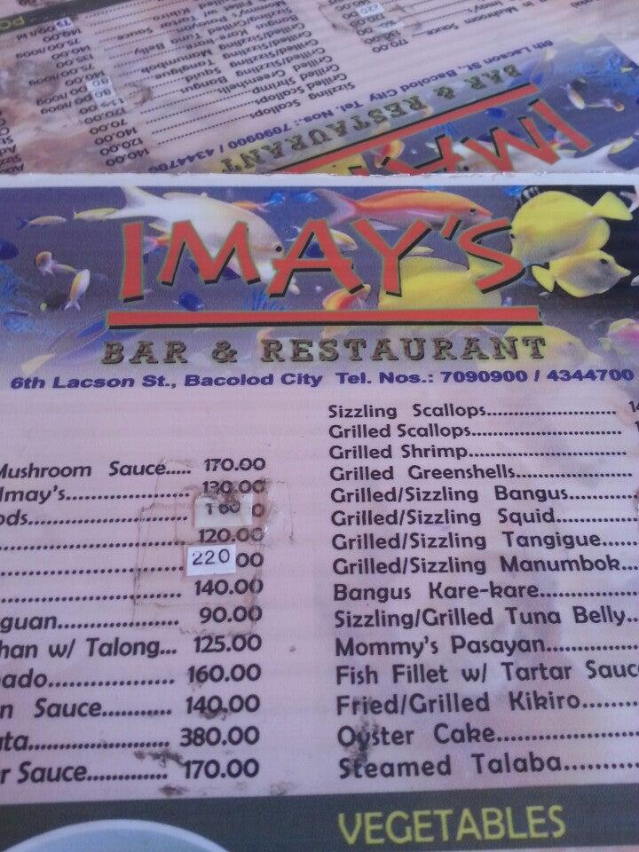 Menu at IMAY'S restaurant, Bacolod, MXF3+WRX