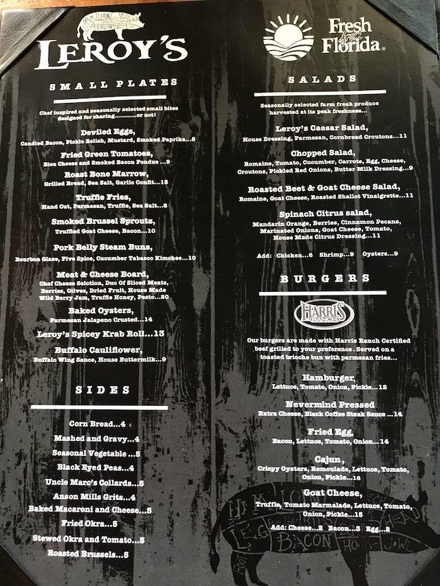 Menu at Leroy's Southern Kitchen & Bar, Punta Gorda