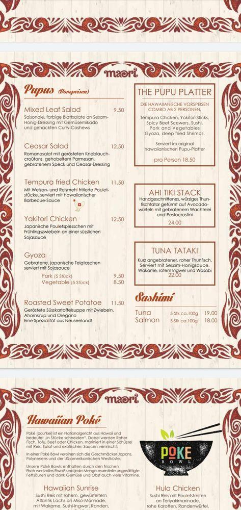 Menu at MAORI, Schlieren, Bernstrasse 15