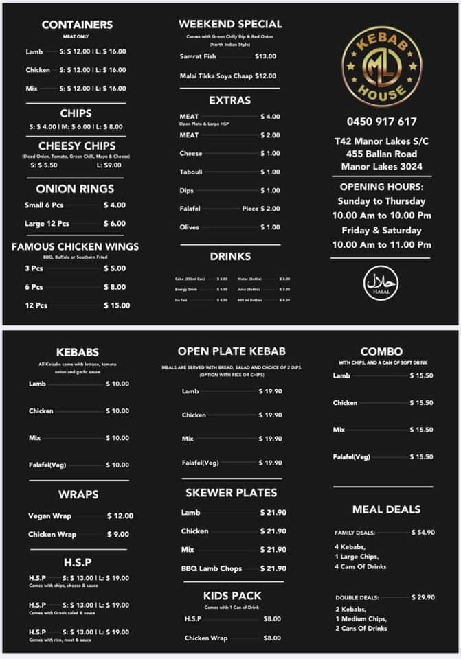 Menu at ML KEBAB HOUSE restaurant, Wyndham Vale