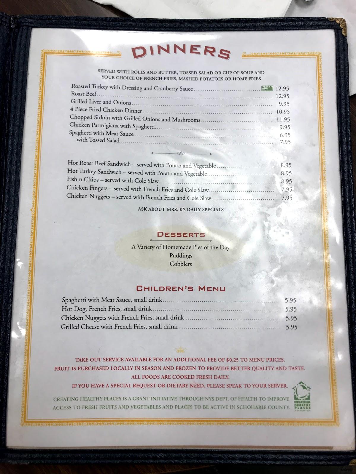 Menu at Mrs K's Kitchen restaurant, Middleburgh, 318 Main St