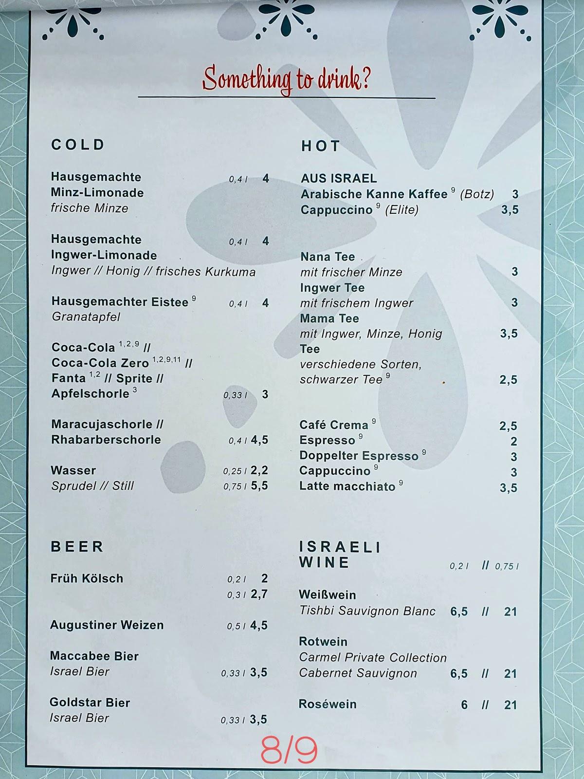 Menu at Nish Nush restaurant, Cologne