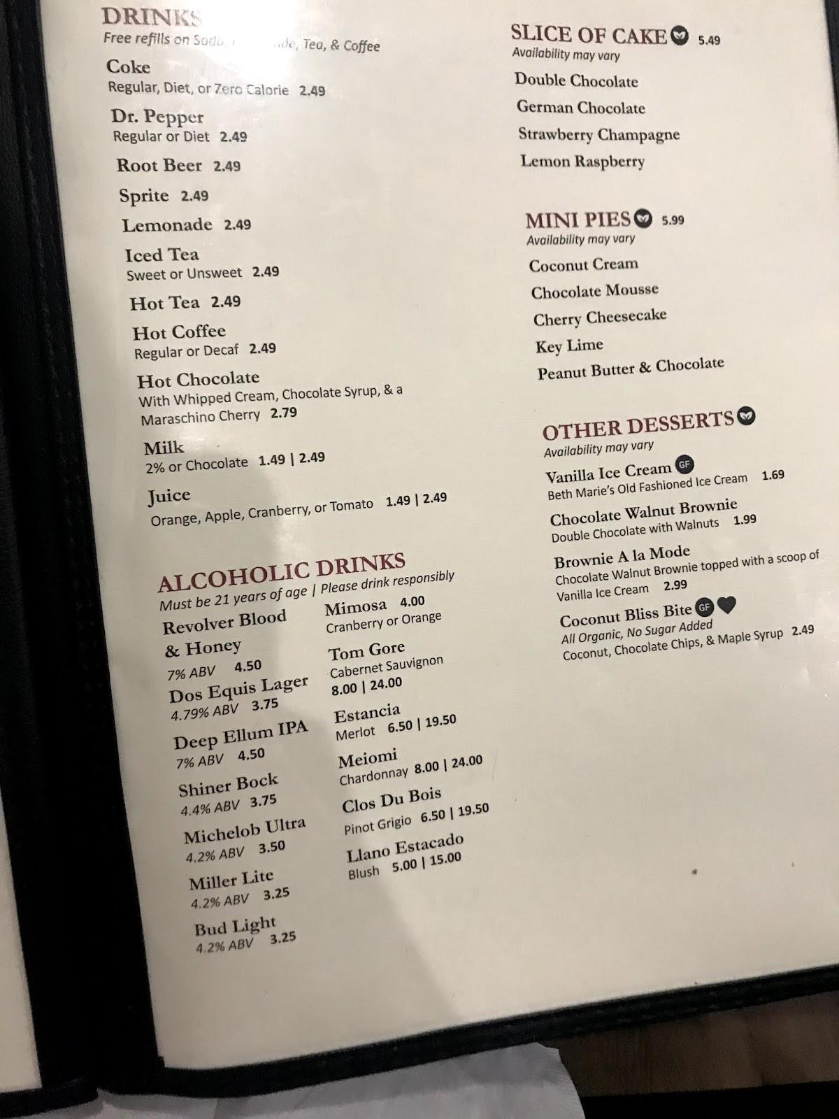 Menu at Sidewalk Cafe, Denton