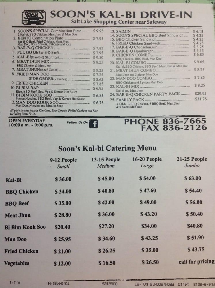 Carta de barbacoa Soon's Kal Bi Drive In, Honolulu