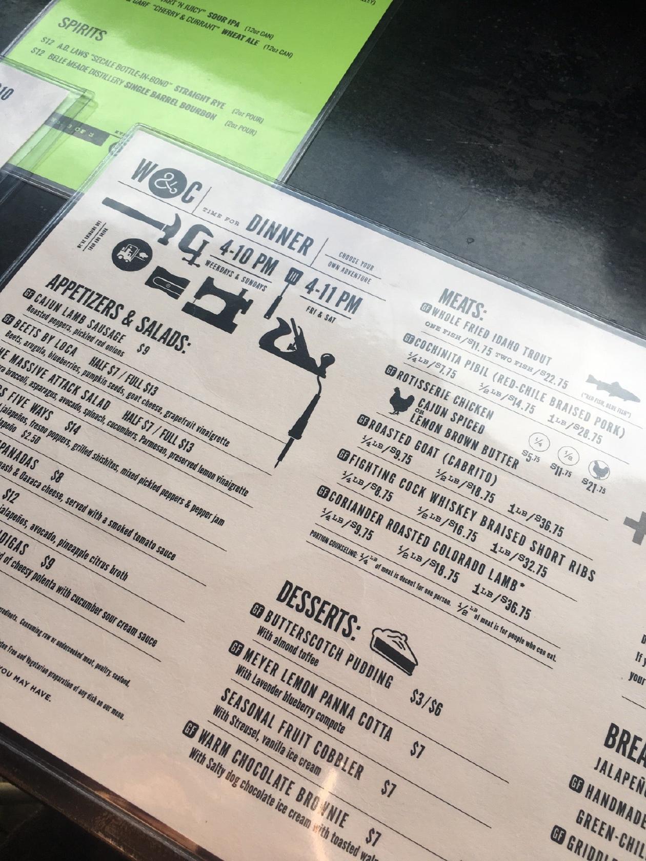 Menu at Work & Class pub & bar, Denver