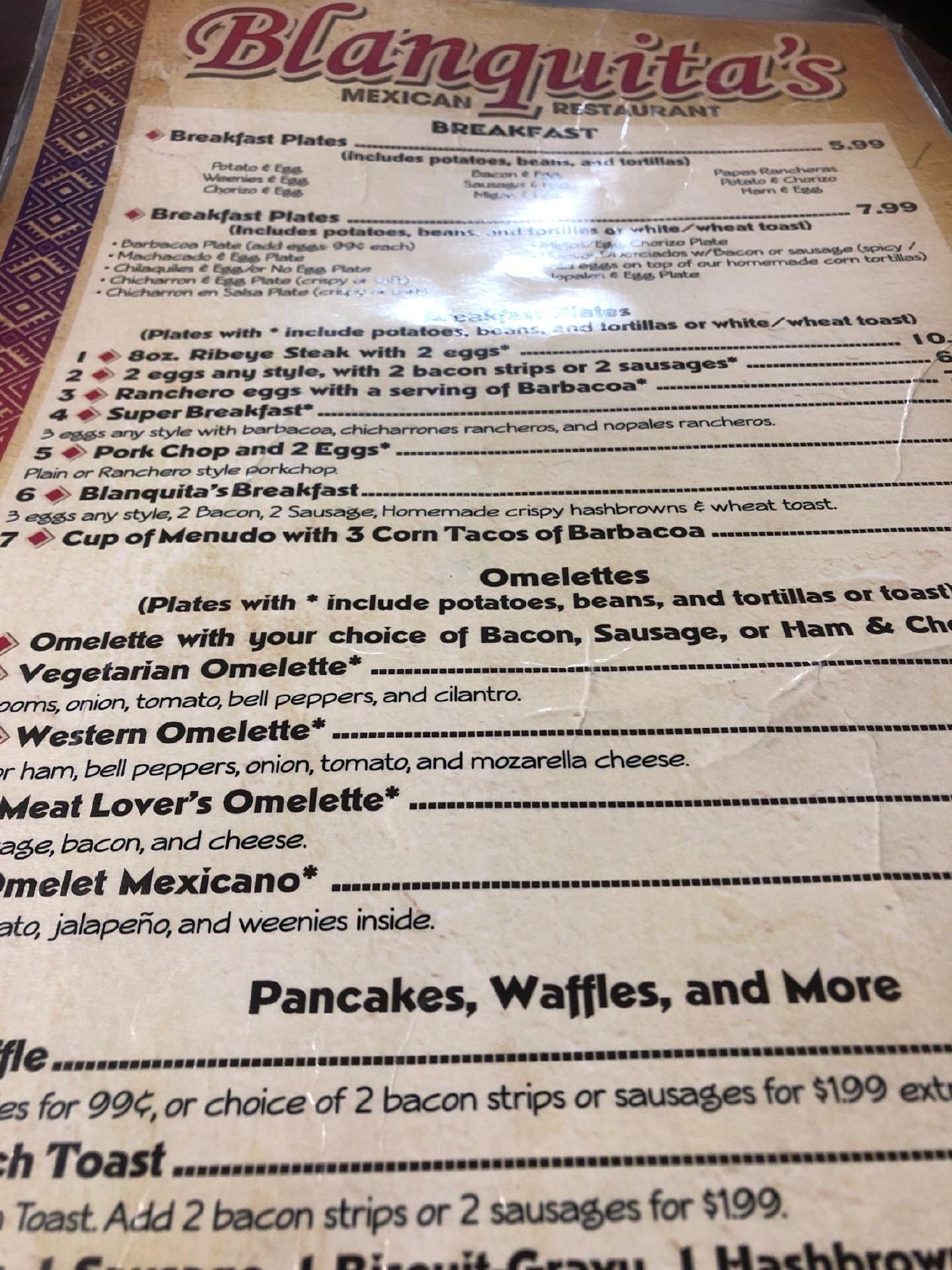 Menu at Blanquita’s restaurant, Harlingen, E Harrison Ave