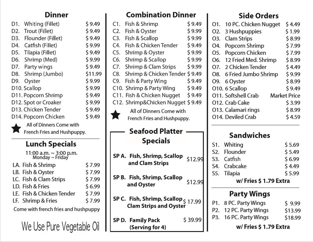 Menu at Blue Ocean Seafood restaurant, Norfolk, Park Ave