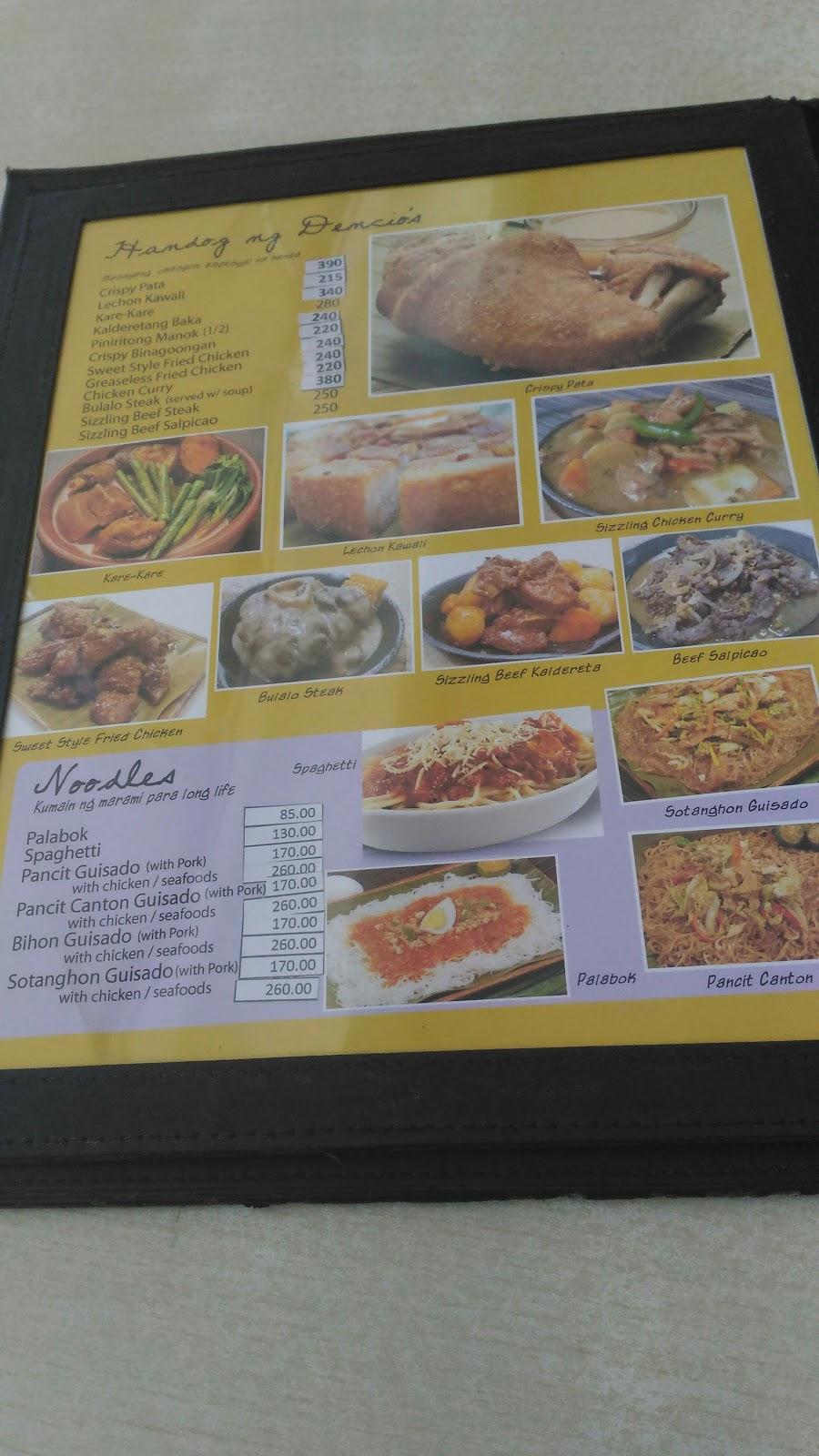 Menu at Dencio's restaurant, Davao City