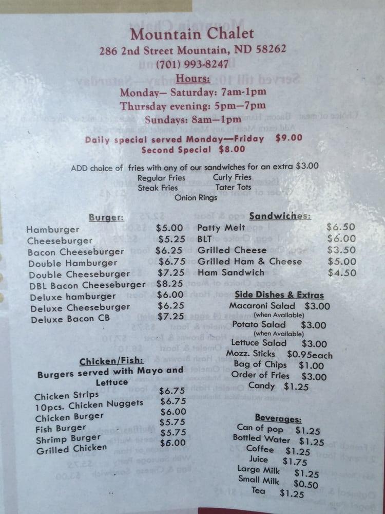 Menu at Mountain Chalet restaurant, Mountain