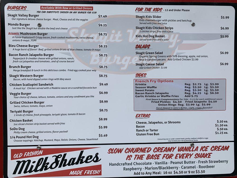 Menu at Skagit Valley Burger Express restaurant, Sedro-Woolley