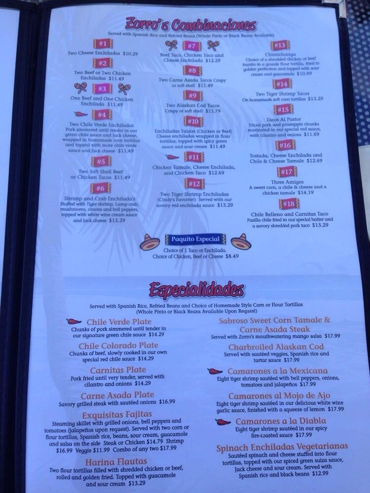 Menu at Zorro's Cafe & Cantina, Pismo Beach