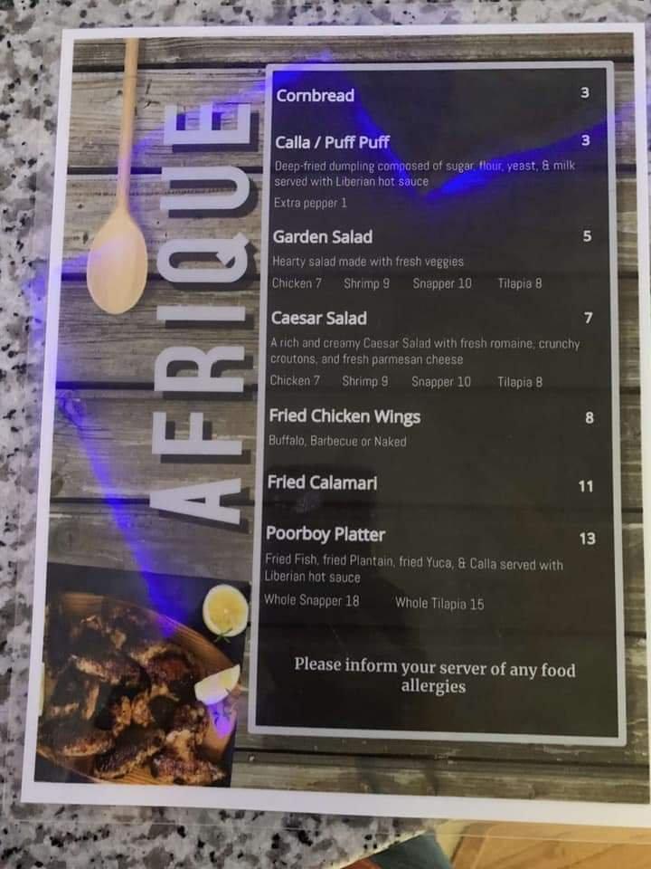 Carta del restaurante Afrique d'Lounge, Providence