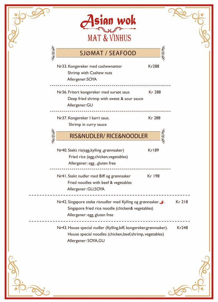 Menu at Asian Wok, Odda restaurant, Odda, Røldalsvegen 29