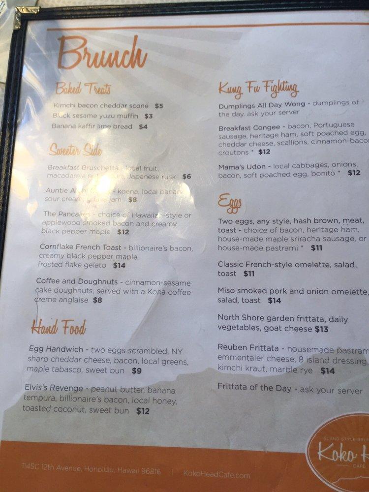 Menu at Koko Head Cafe, Honolulu
