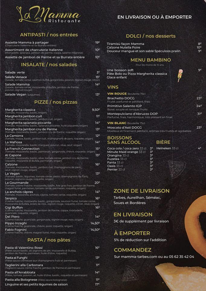 Menu at La Mamma pizzeria, Tarbes