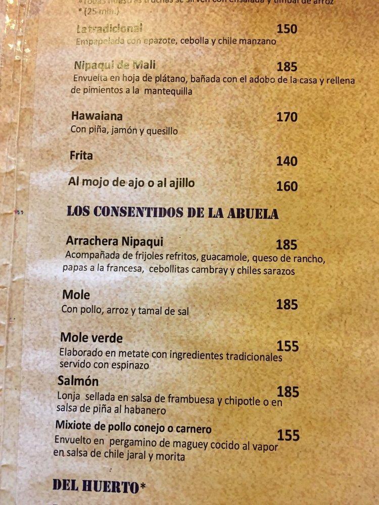 Carta del restaurante Nipaqui del Mali, Malinalco
