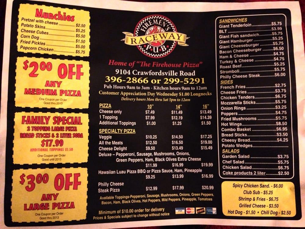 Menu at Raceway Pub, Indianapolis