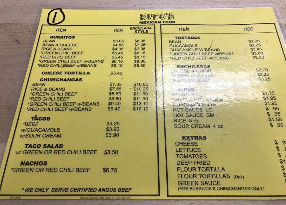 Menu at Rito's Mexican Food restaurant, Surprise, N Reems Rd