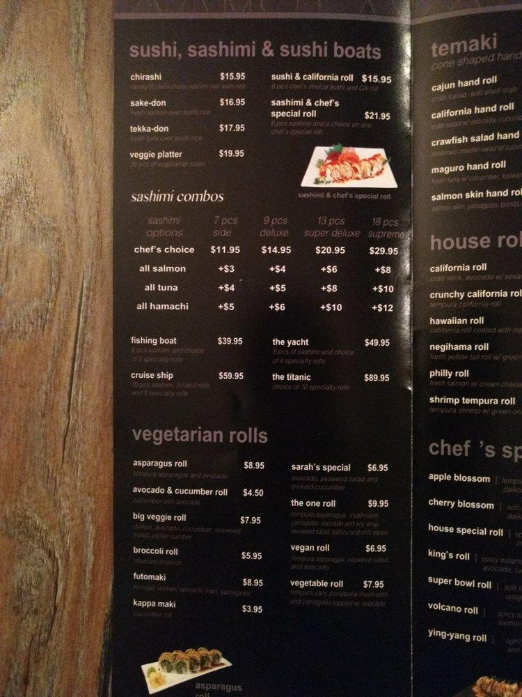 Menu at Taiko Sushi restaurant, Folsom