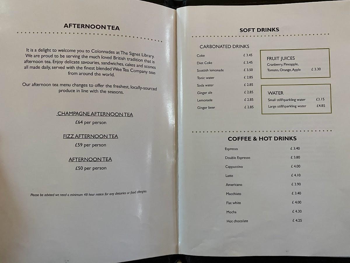 Menu at The Colonnades at the Signet Library restaurant, Edinburgh