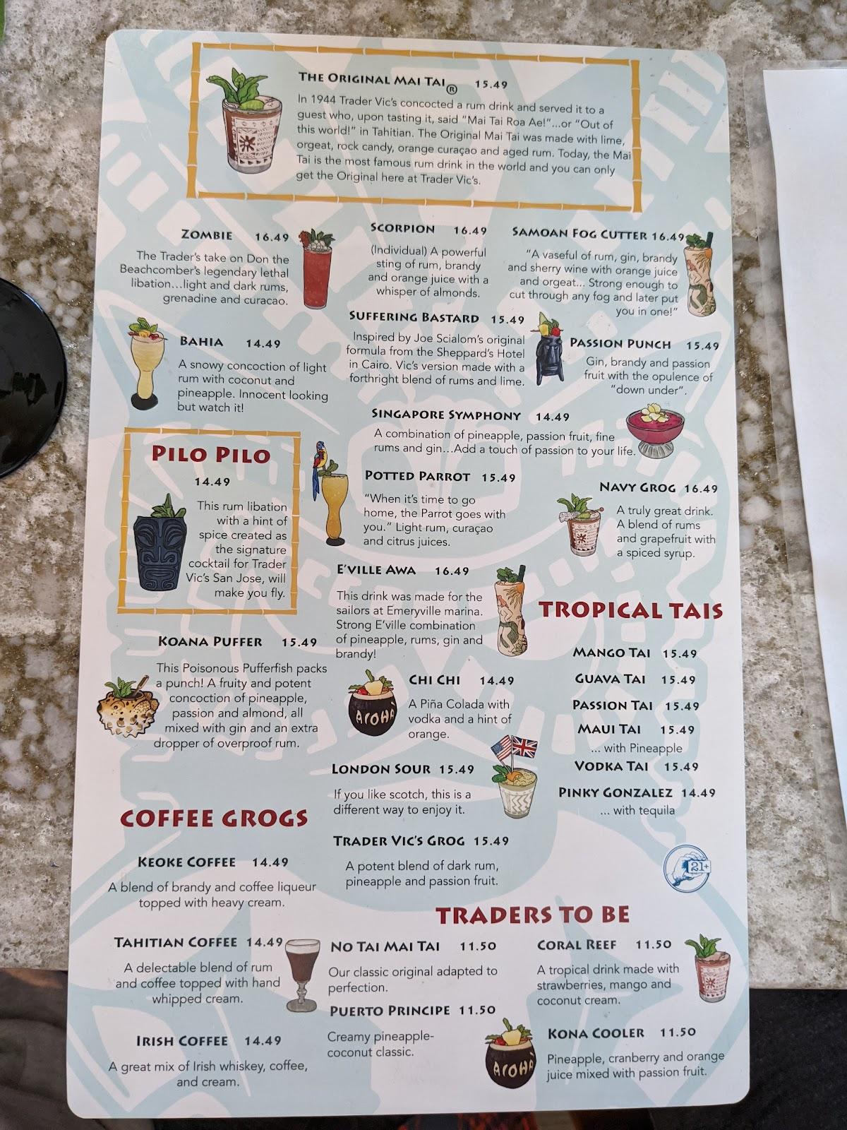 Menu at Trader Vic's pub & bar, San Jose