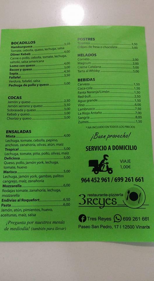 Menu at Tres Reyes Vinaròs restaurant, Vinaròs
