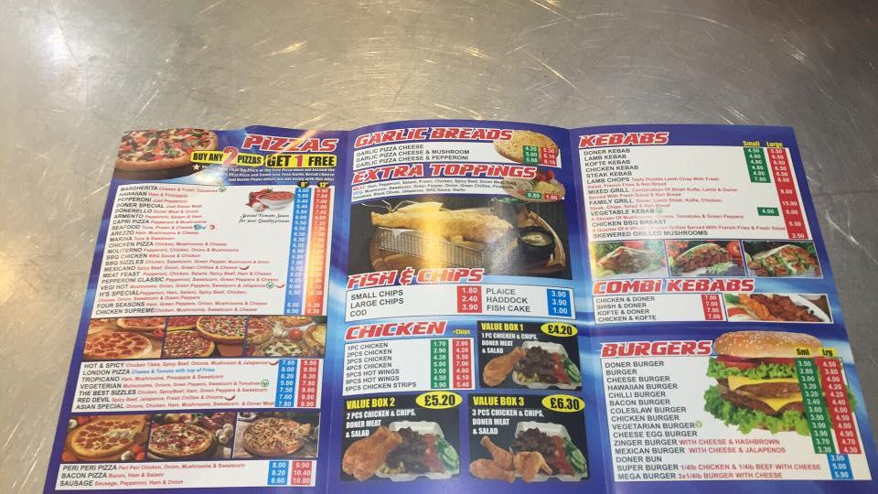Menu at Kebab and fish bar takeaway, Winsford