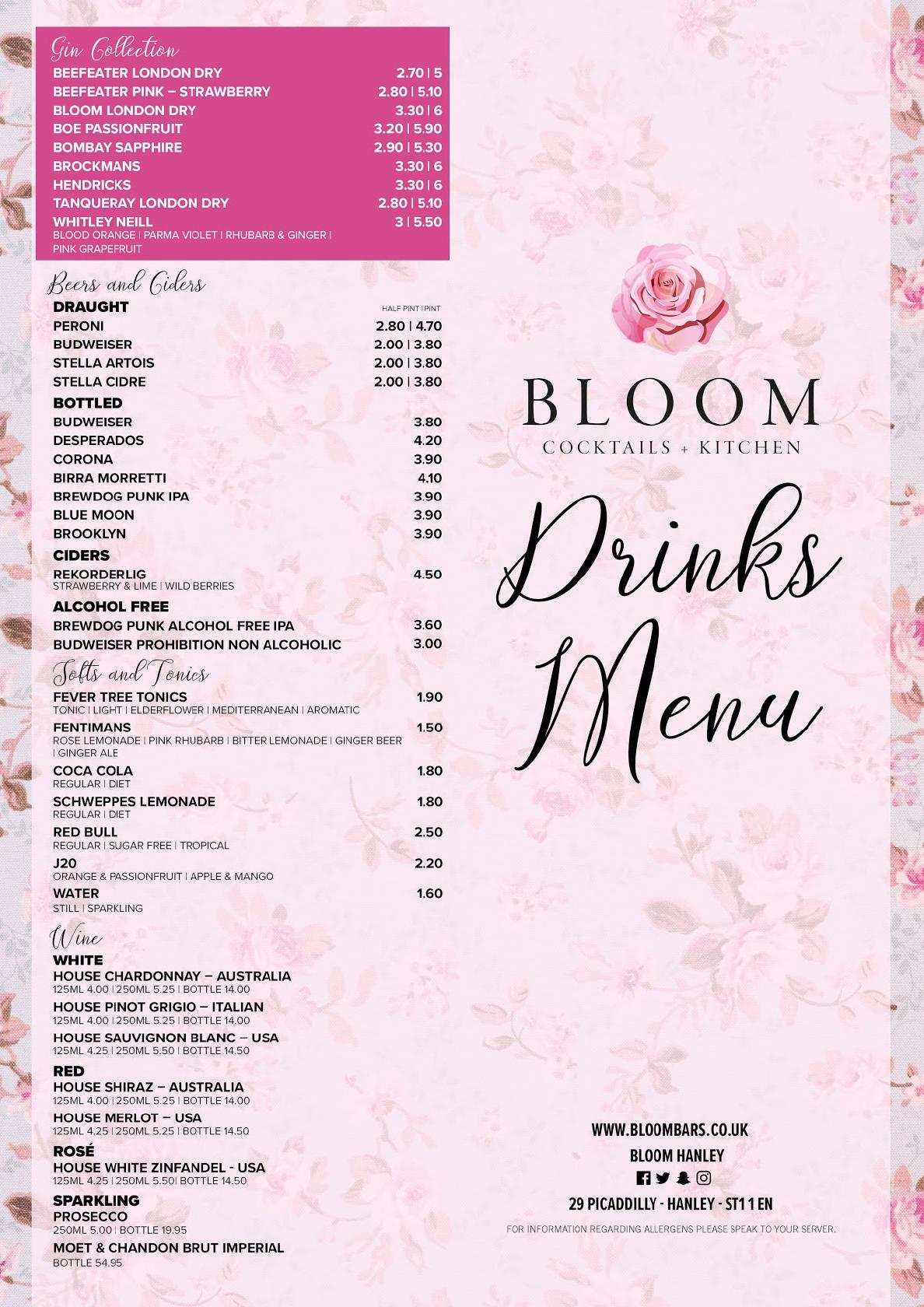 Menu at Bloom Hanley restaurant, Stoke-on-Trent