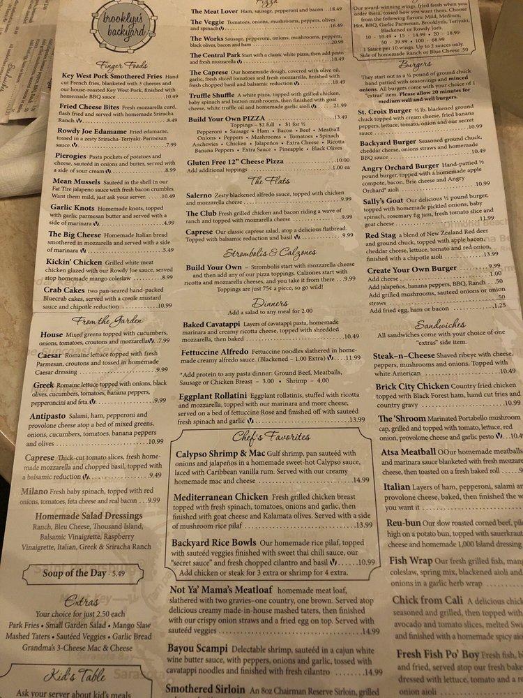 Menu at Brooklyn's Backyard pizzeria, Ocala