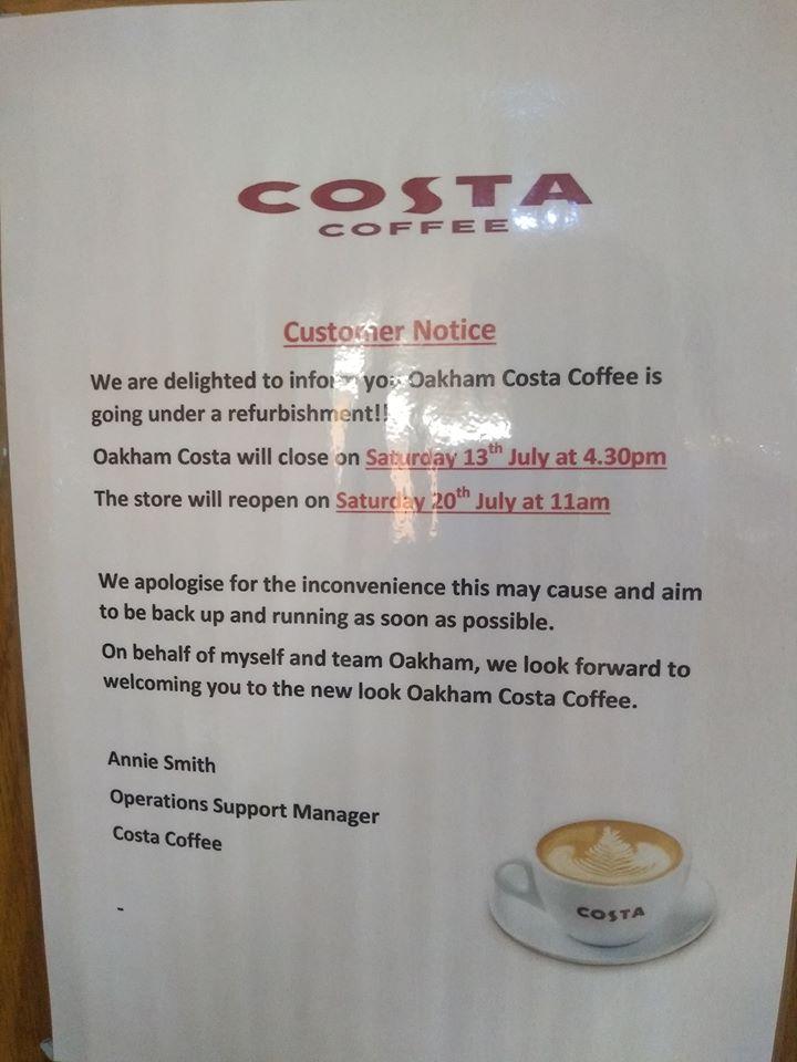 Carta de Costa Coffee, Oakham, Unit 1