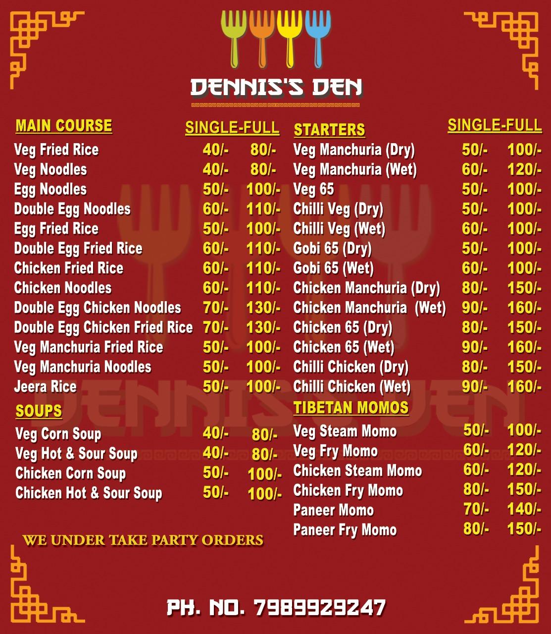 Menu at Dennis's Den Chinese Restaurant & Fast Food, Hyderabad