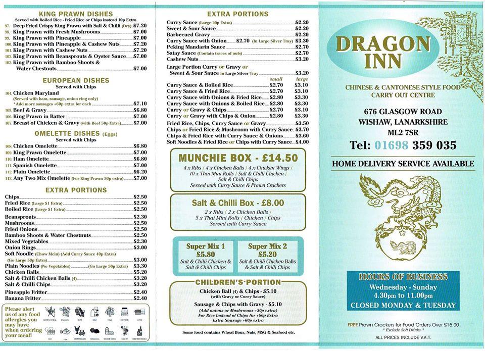 Menu at Dragon Inn fast food, Wishaw