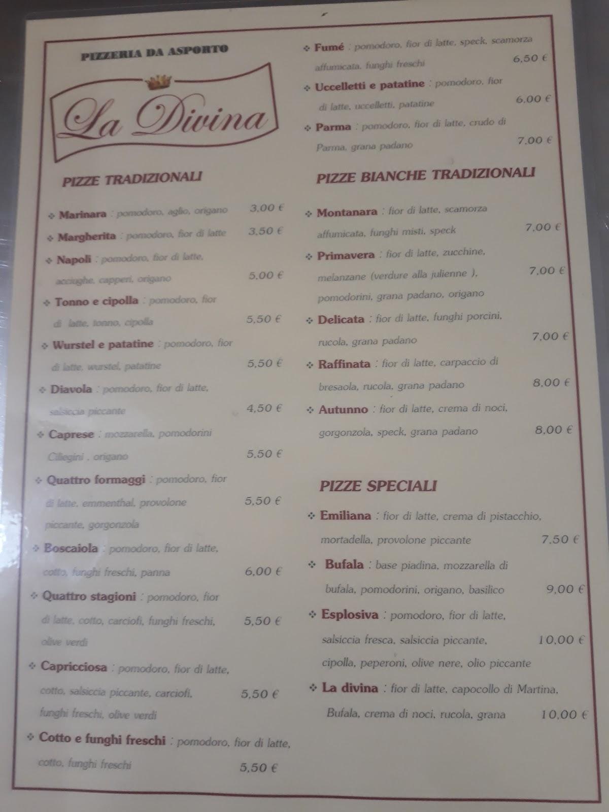 Menu da La Divina pizzeria, Carosino