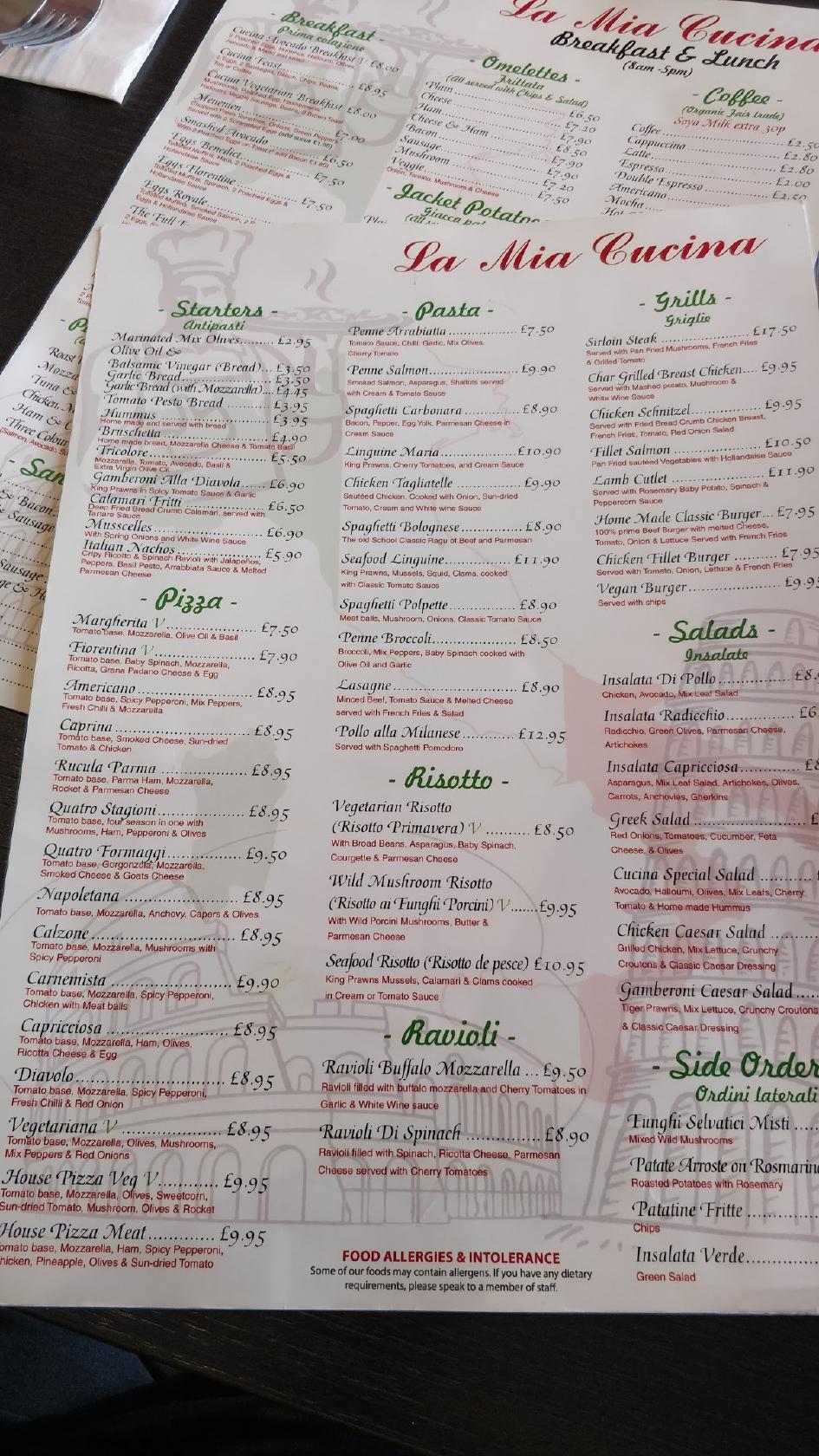 Menu at La Mia Cucina restaurant, London