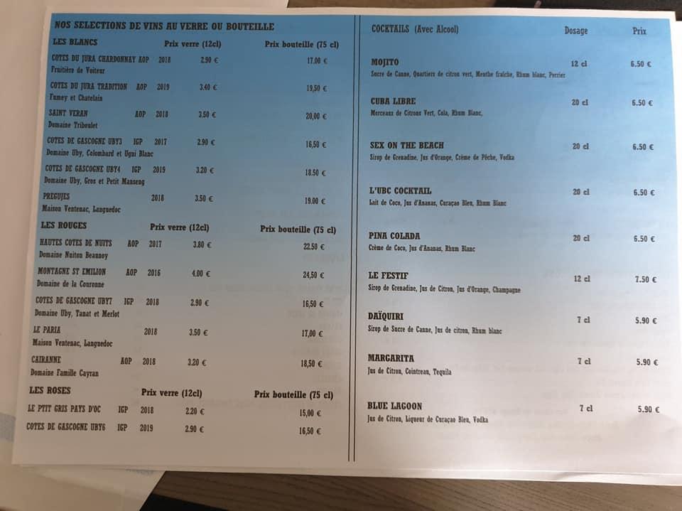 Menu au L'Ubc restaurant, Port-Lesney