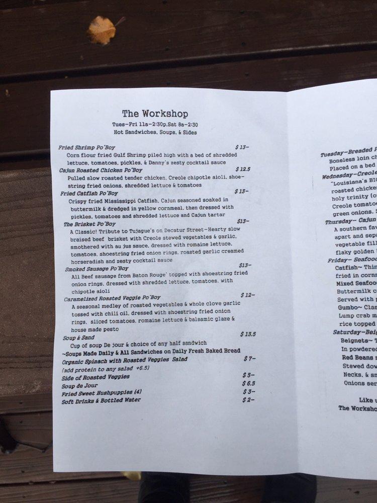 Menu at The Workshop restaurant, Benicia