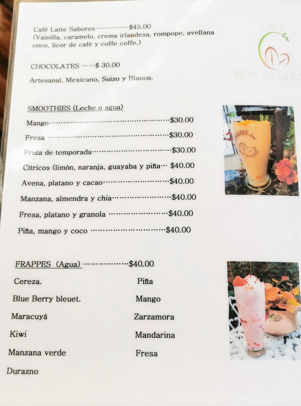 Carta de Barra Café Real la Cuesta, Morelia