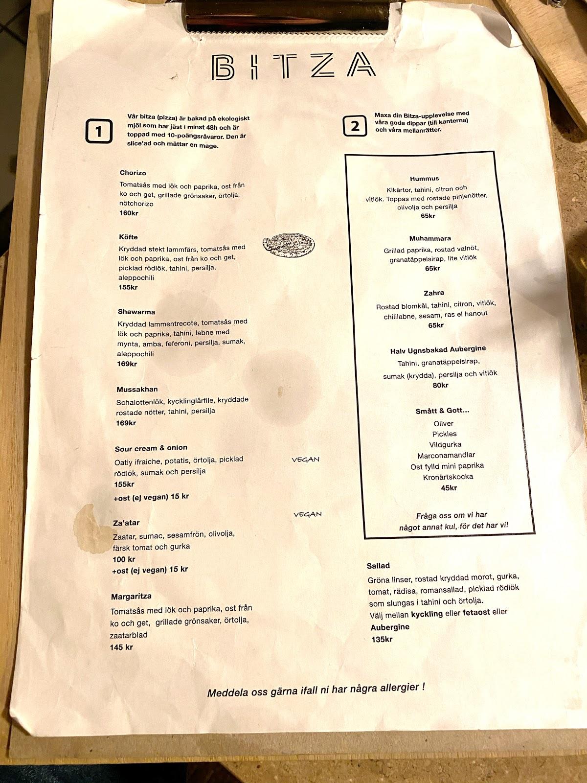 Menu at Bitza restaurant, Stockholm