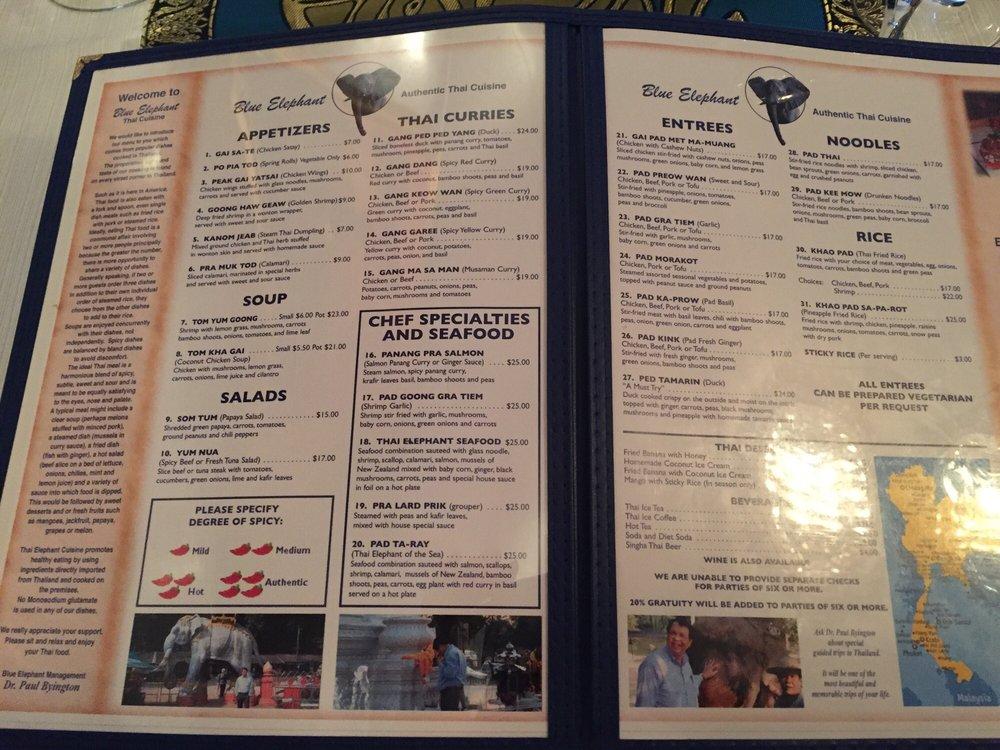 Menu at Blue Elephant Thai Cuisine restaurant, Murrells Inlet