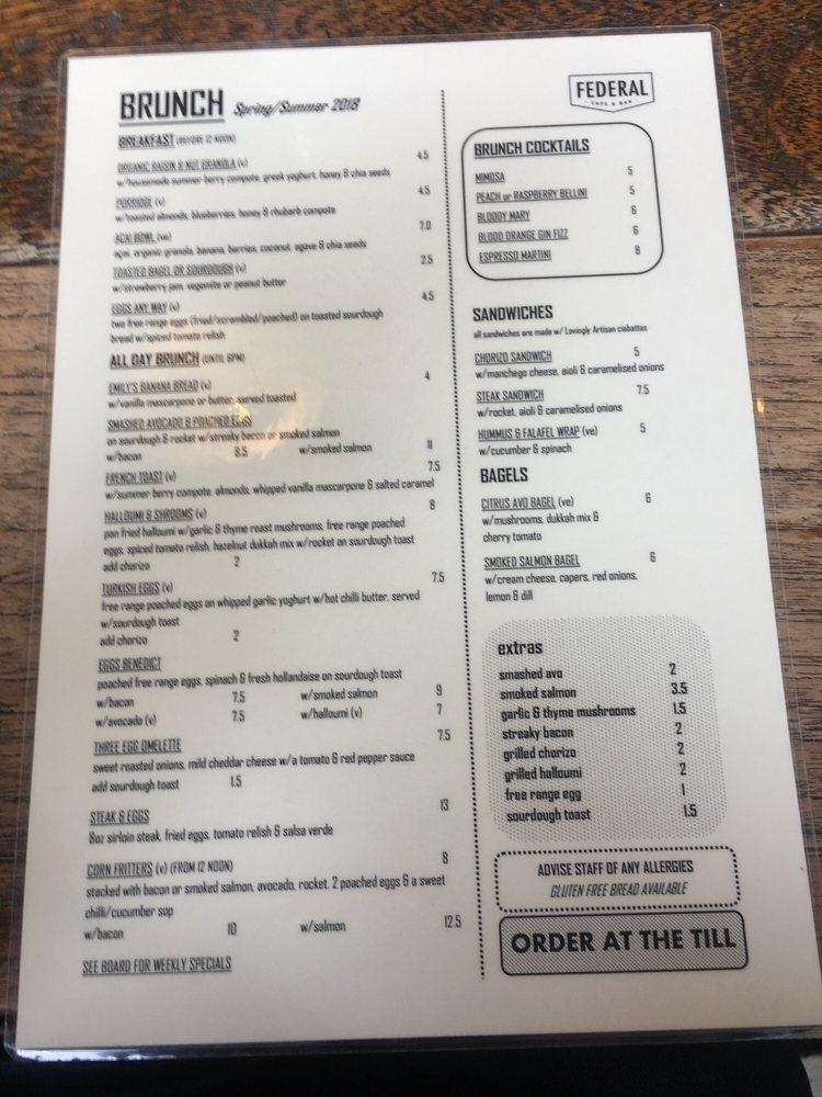 Menu at Federal Cafe Bar, Manchester, 9 Nicholas Croft